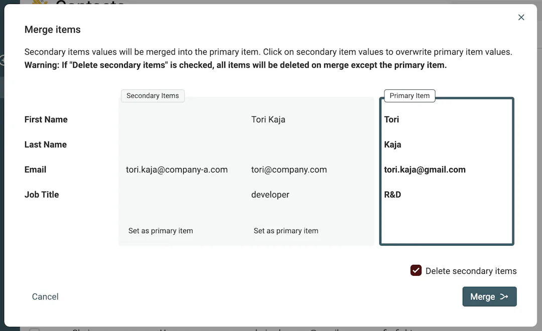 Merge two or more items into one consolidated item - Datablist